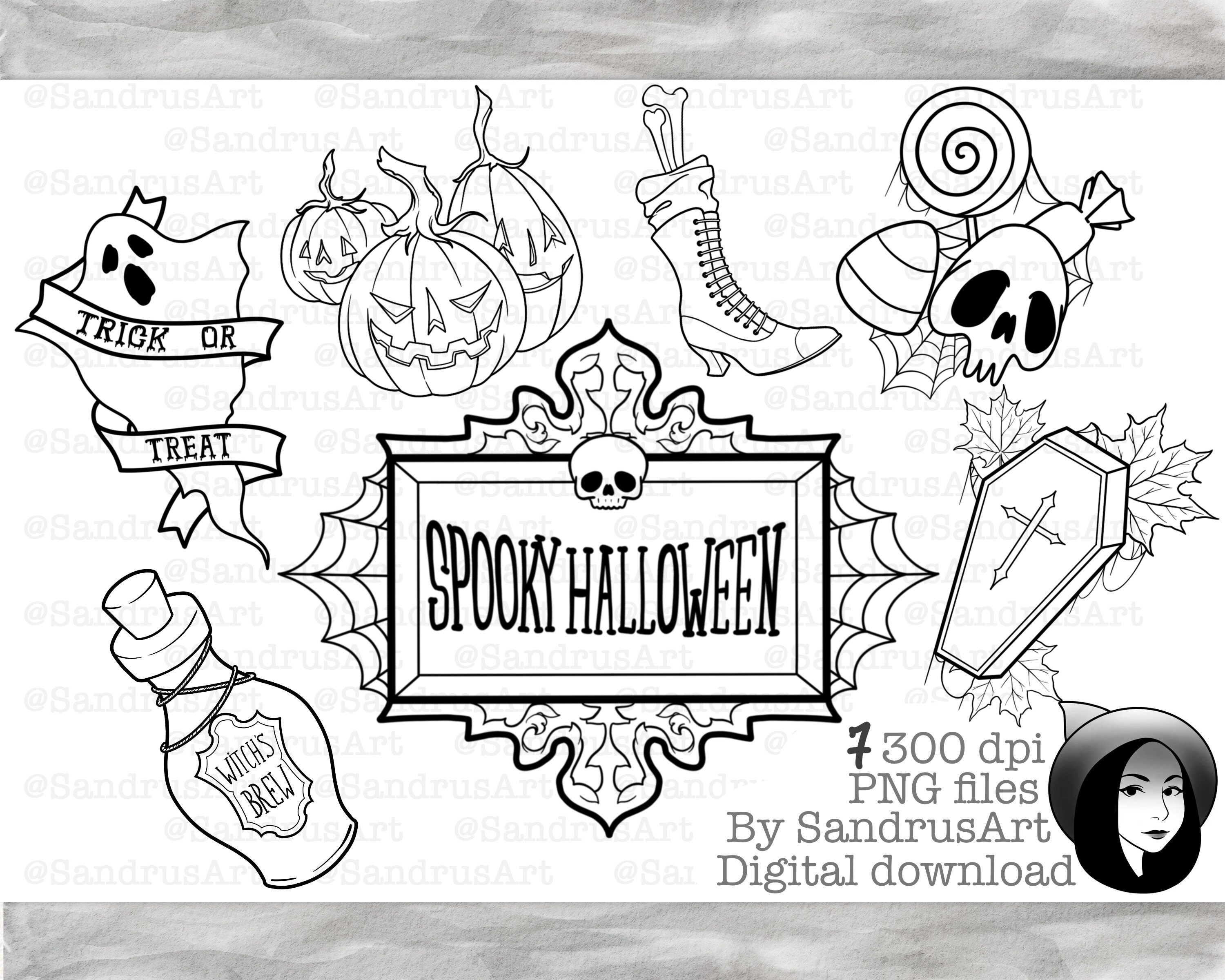 Spooky Halloween Clipart Lineart Pack Png Elements With Transparent ...