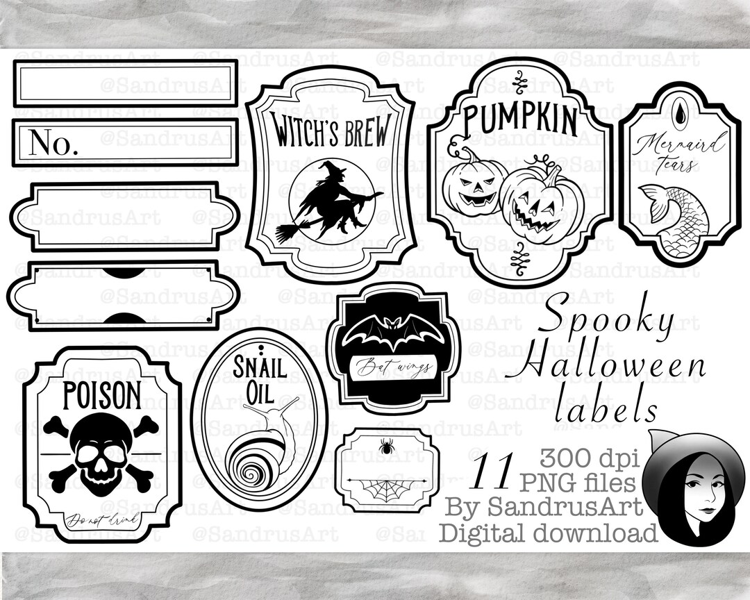 Spooky Halloween Labels Clipart Lineart Pack Png Elements With ...
