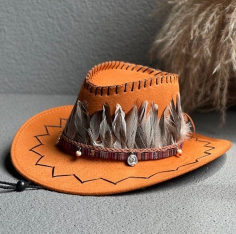 Feather Decorated Cowboy Hat With Adjustable Chinstrap - Etsy