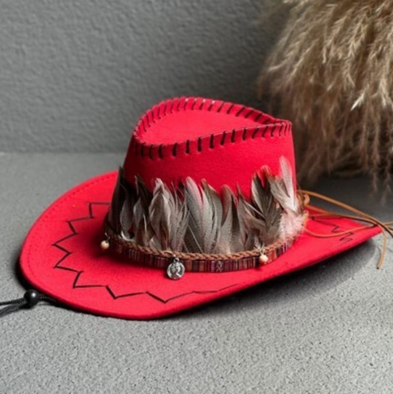 Feather Decorated Cowboy Hat With Adjustable Chinstrap - Etsy