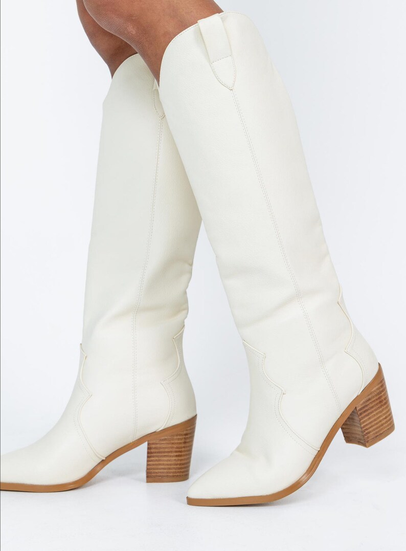 White PU Leather Cowgirl Boots, Cowgirl High Heels, Mid Calf Square ...