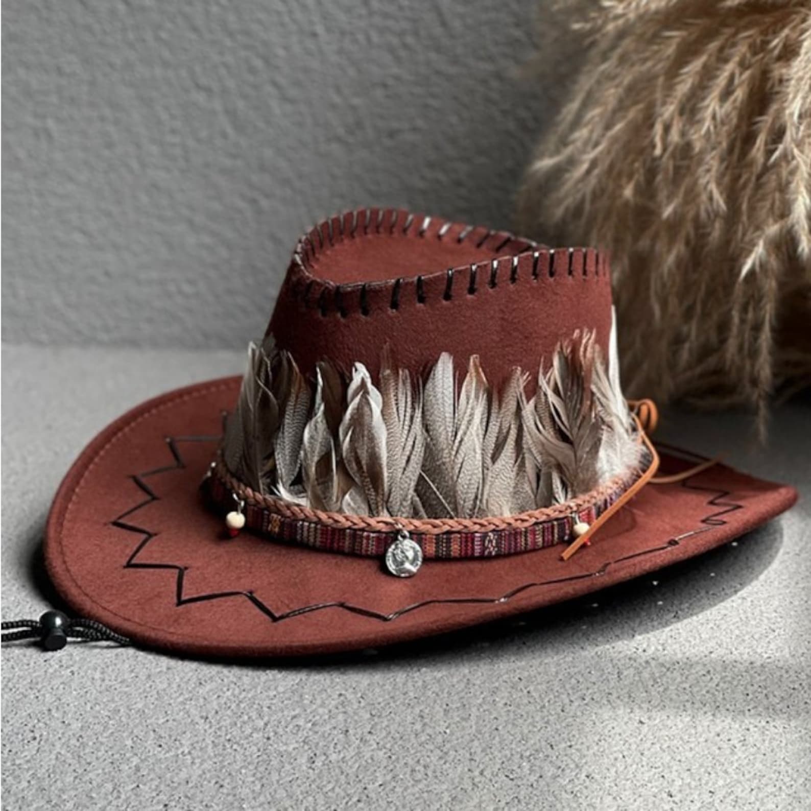 Feather Decorated Cowboy Hat With Adjustable Chinstrap, Stiched Wide ...
