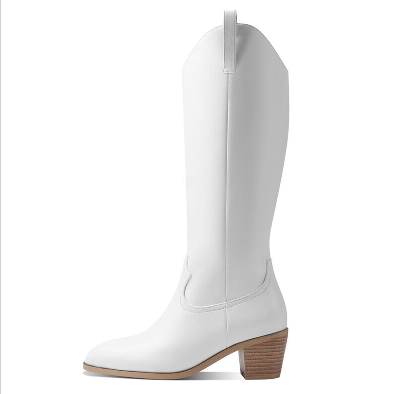 White PU Leather Cowgirl Boots, Cowgirl High Heels, Mid Calf Square ...