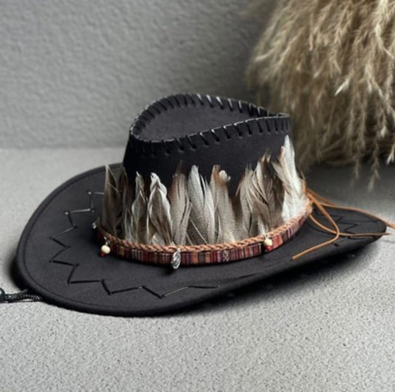 Feather Decorated Cowboy Hat With Adjustable Chinstrap - Etsy