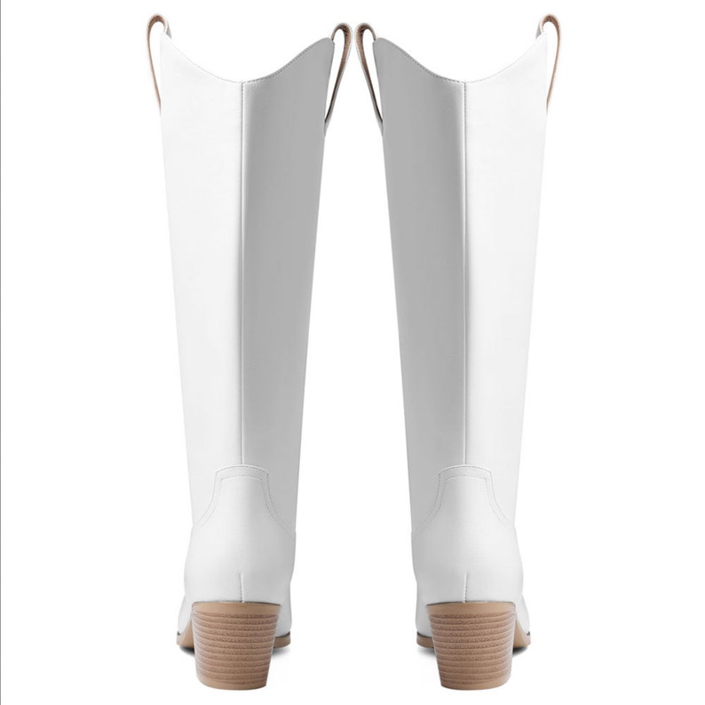 White PU Leather Cowgirl Boots, Cowgirl High Heels, Mid Calf Square ...