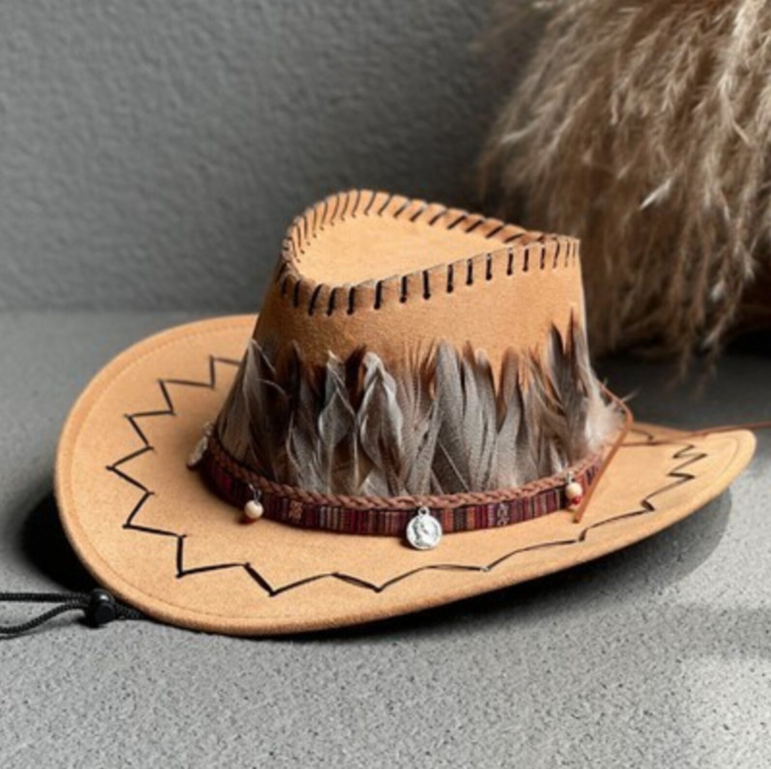 Feather Decorated Cowboy Hat With Adjustable Chinstrap, Stiched Wide ...