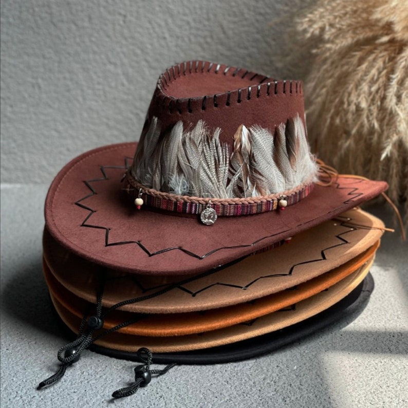 Feather Decorated Cowboy Hat With Adjustable Chinstrap - Etsy