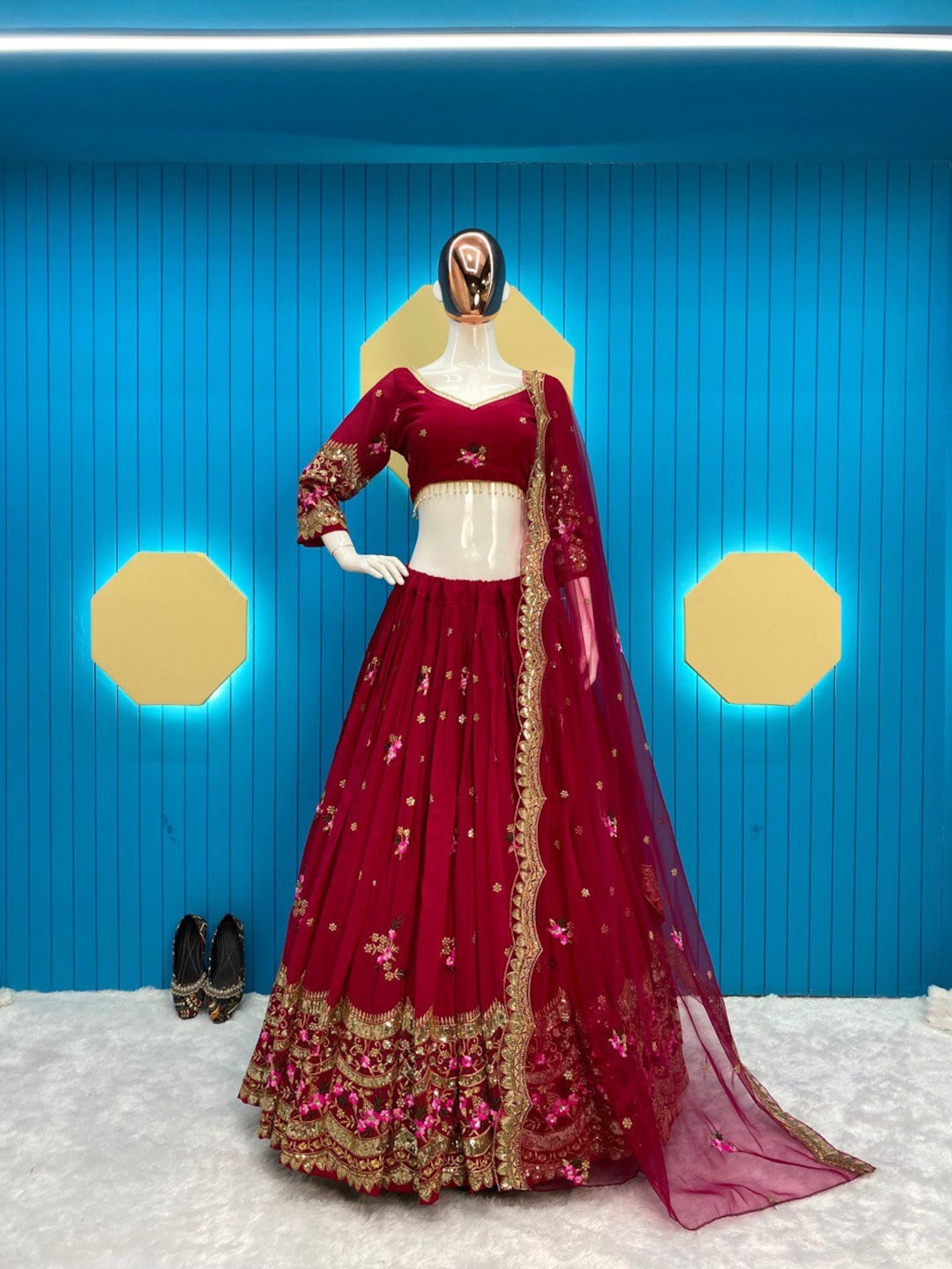 Red Indian Embroidered Lehenga Choli Dupatta Party Wear Wedding Wear ...