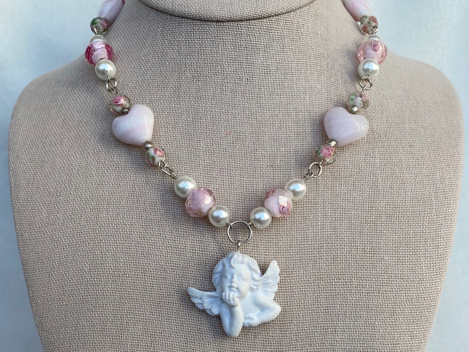 Pink Rose Cupid Cherub Necklace - Y2K Coquette Necklace Glass Handmade ...