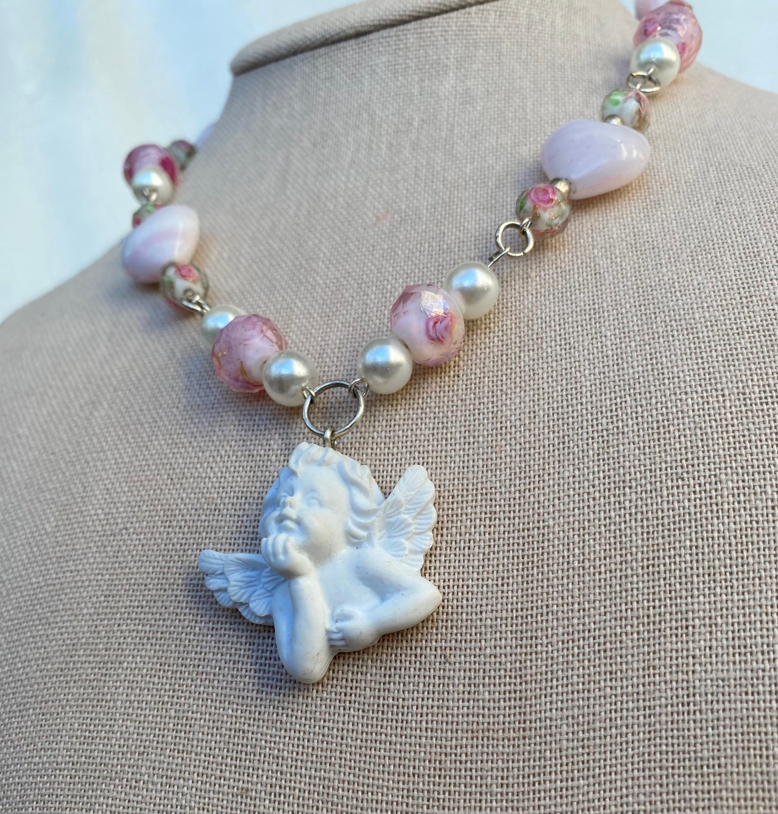 Pink Rose Cupid Cherub Necklace - Y2K Coquette Necklace Glass Handmade ...