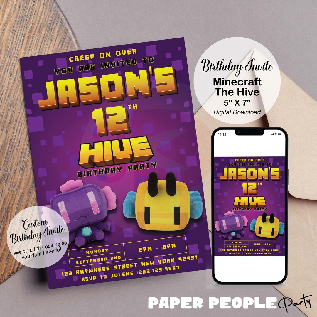 Minecraft Birthday Invitation, Minecraft the Hive Invitation, Minecraft ...
