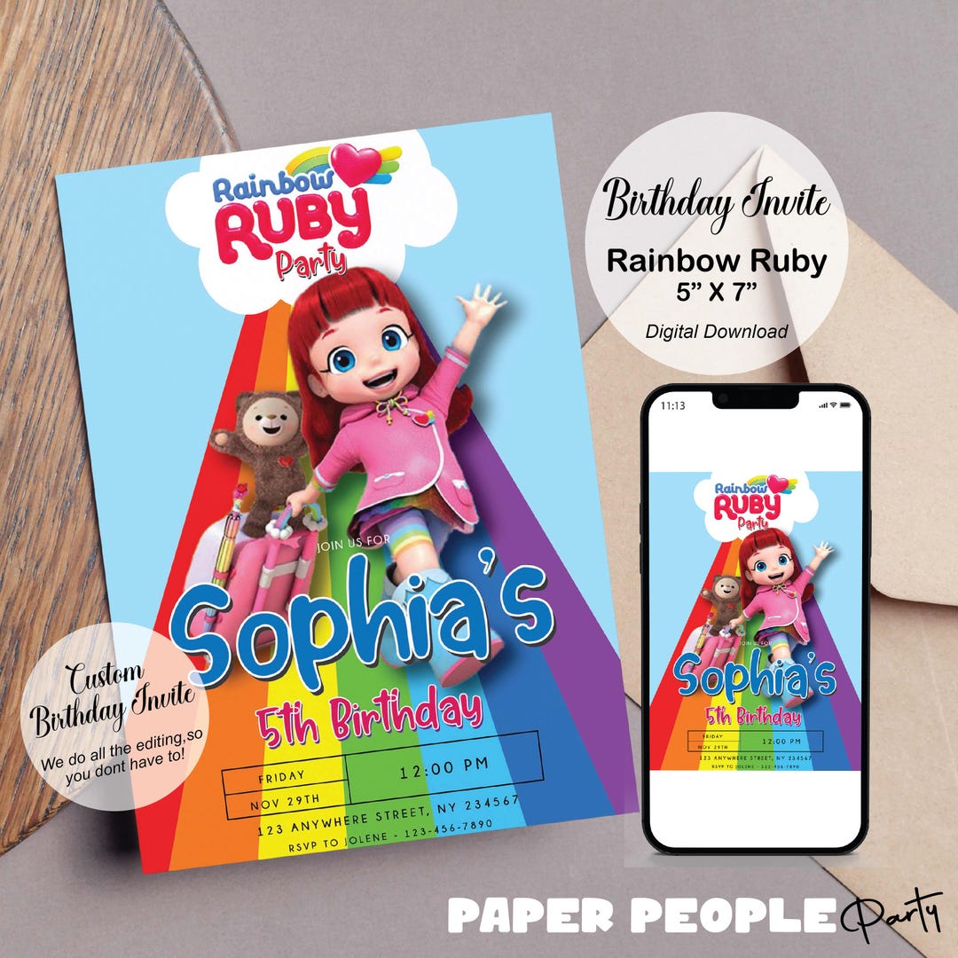 Rainbow Ruby Birthday Invitation, Rainbow Ruby Birthday Invite, Rainbow ...