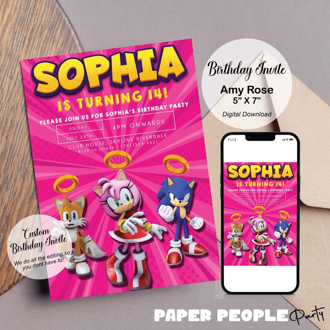 Amy Rose Birthday Invite, Sonic Party Invite, Happy Birthday Invite, E ...