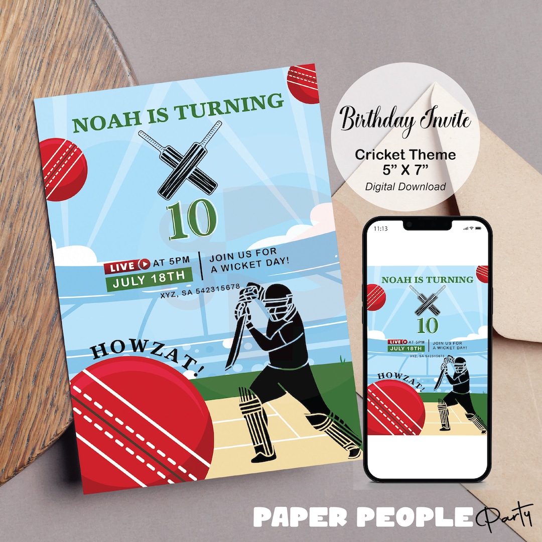 Cricket Theme Birthday Invite, Sports Theme Party Invite, Happy ...