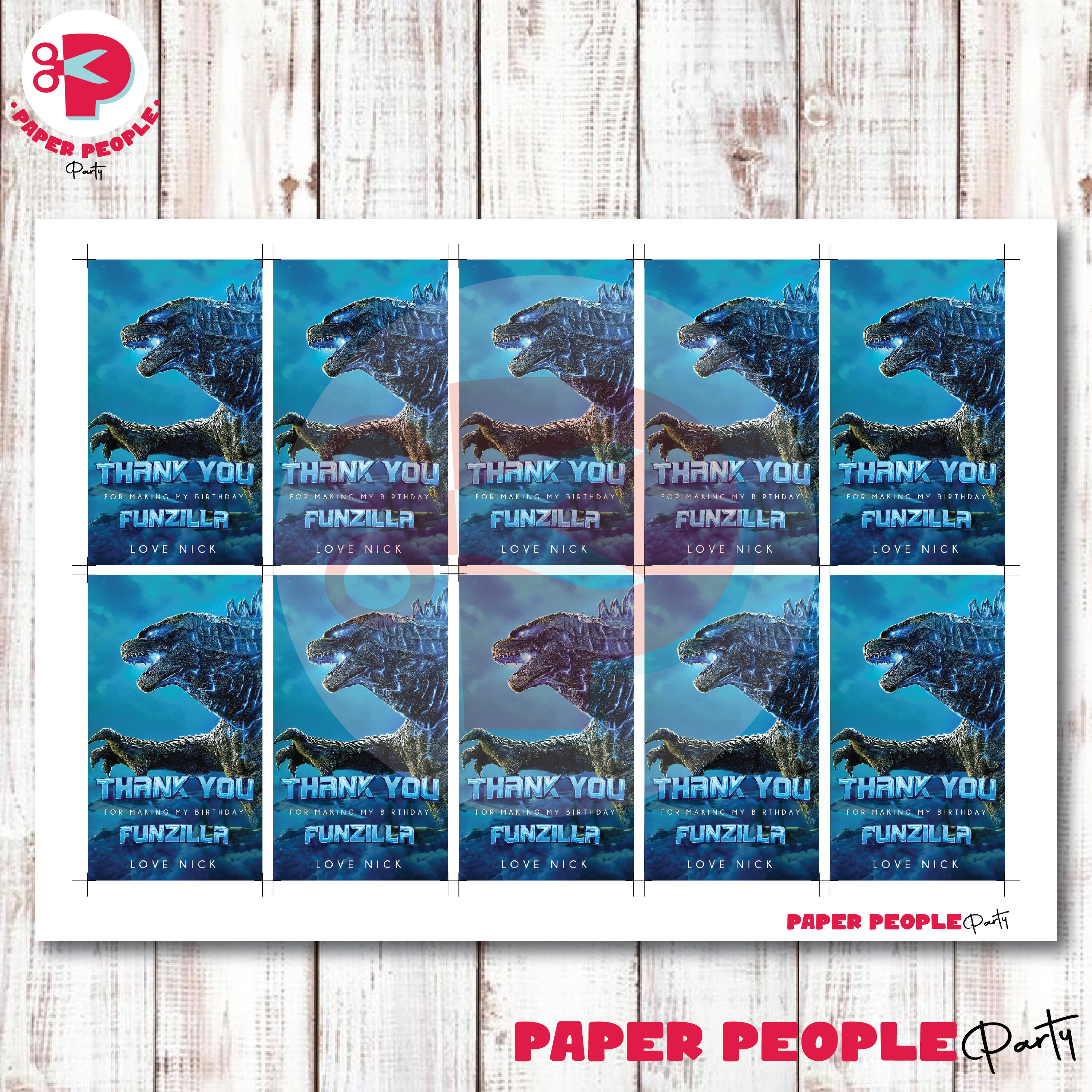 Godzilla Movie Thank You Tag, Godzilla Favour Tag, Godzilla Birthday ...