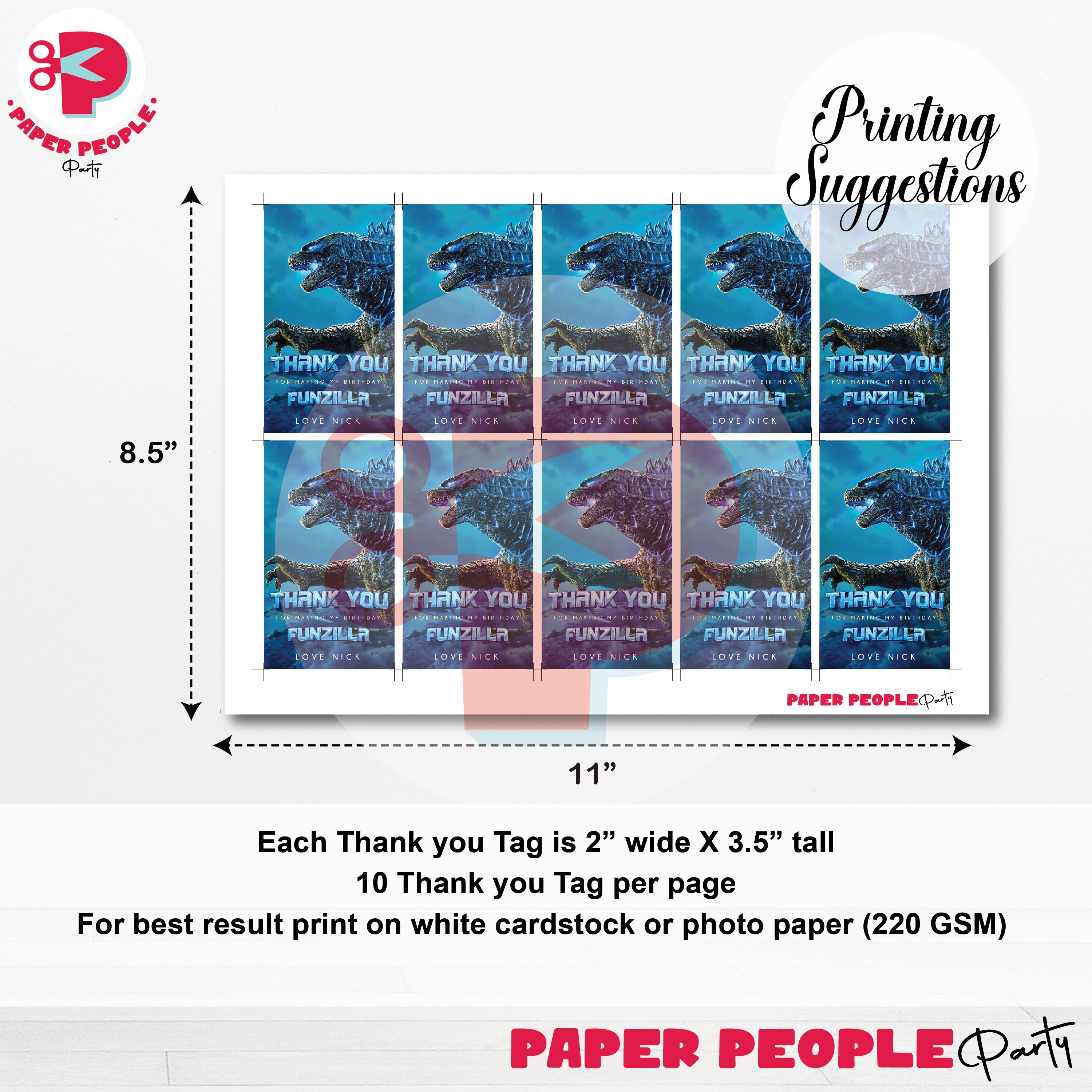 Godzilla Movie Thank You Tag, Godzilla Favour Tag, Godzilla Birthday ...