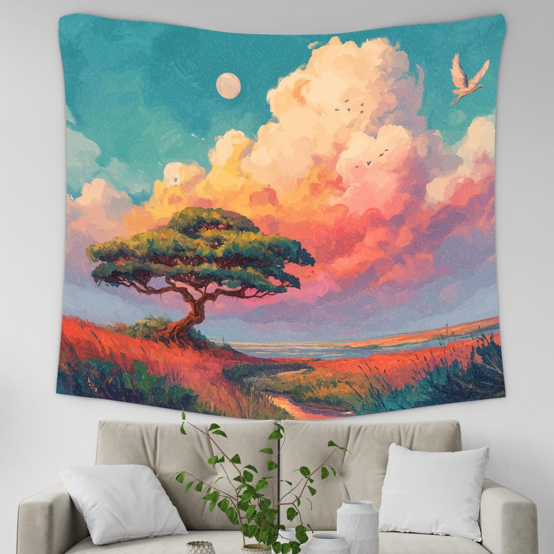 Large Tree Landscape Tapestry Wall Hanging, Sunset Sky Wall Decor ...