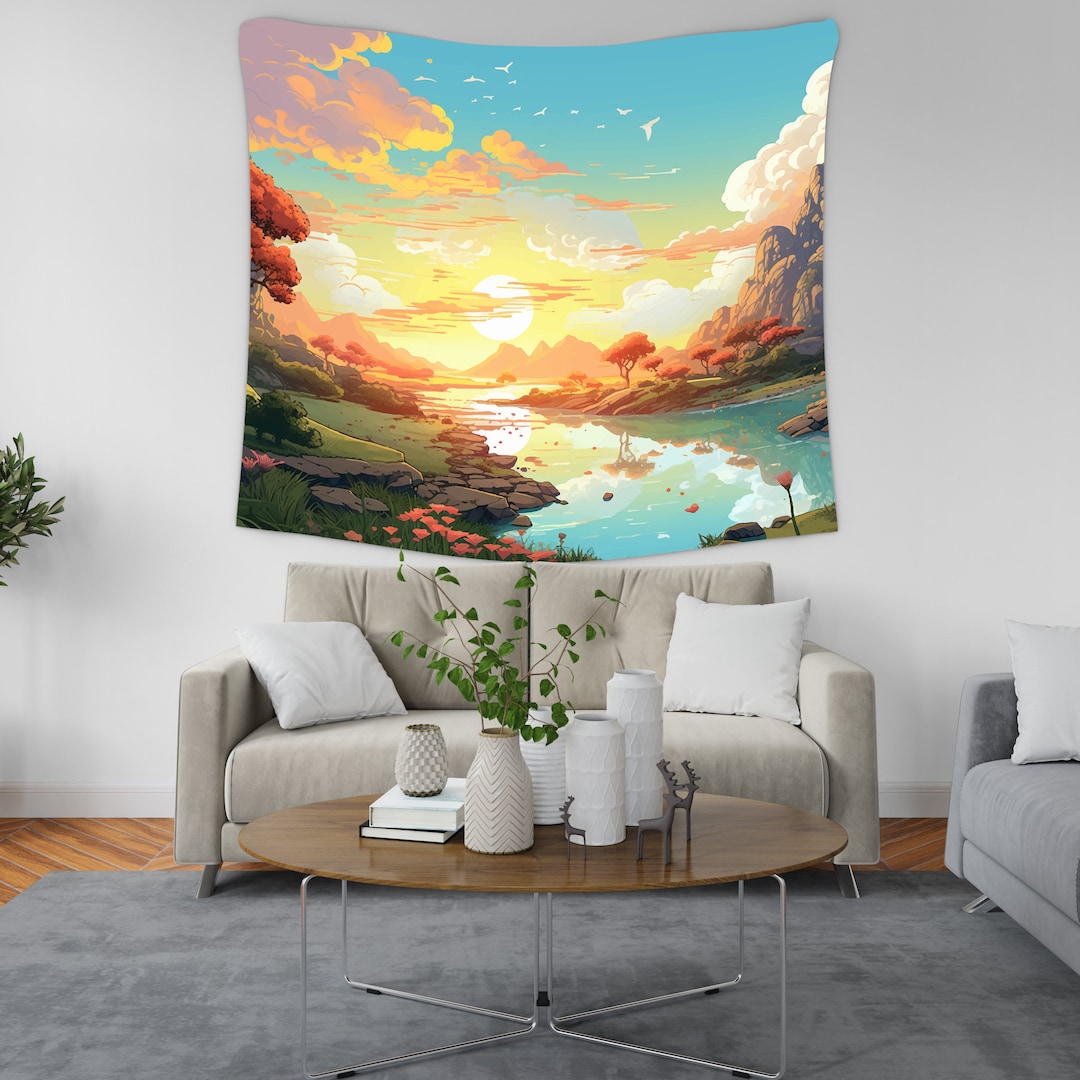 Tapestry Wall Hanging Mountain River Scenery Landscape Nature, Sunset ...