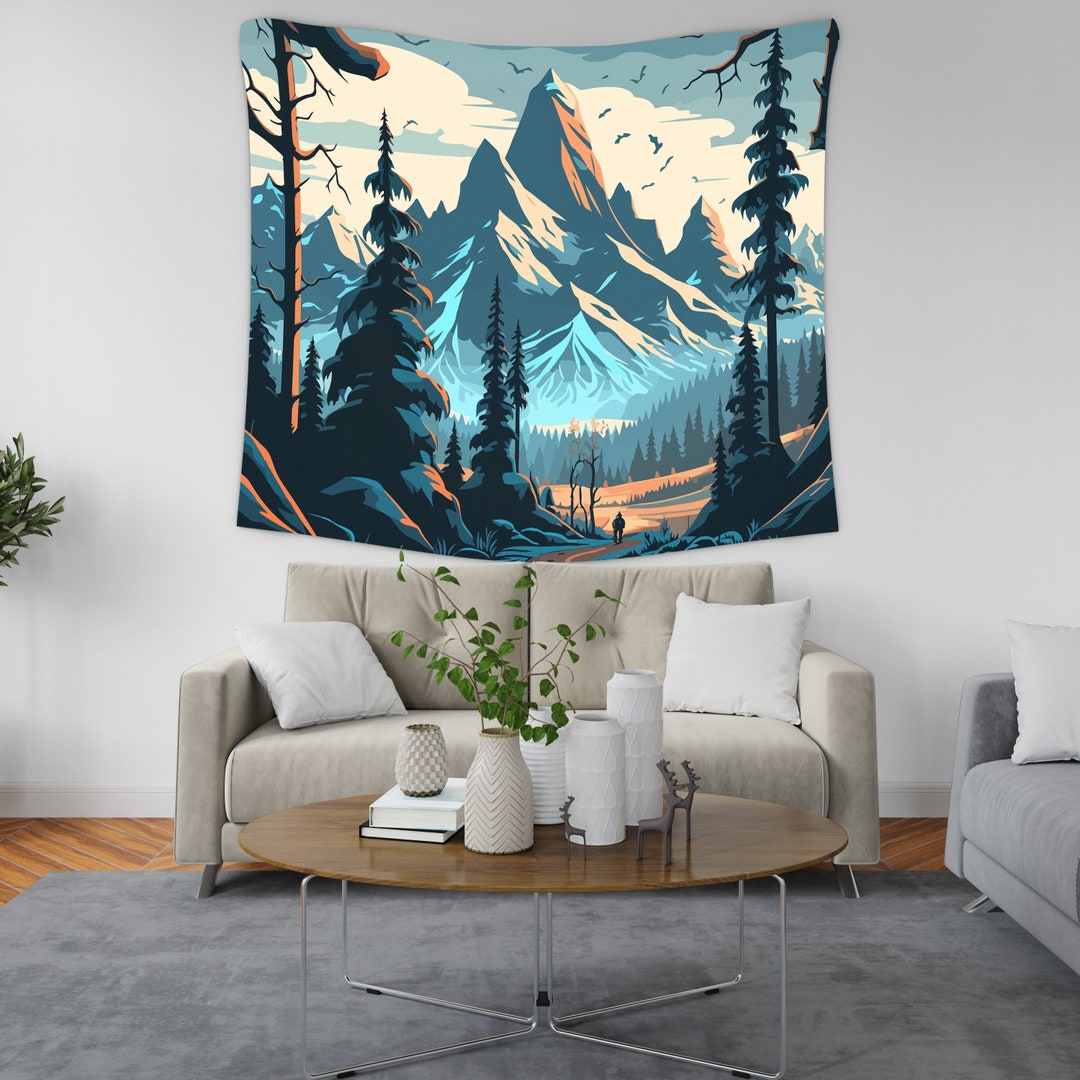 Snow Mountain Tapestry, Forest Trees Wall Hanging, Nature Landscape ...