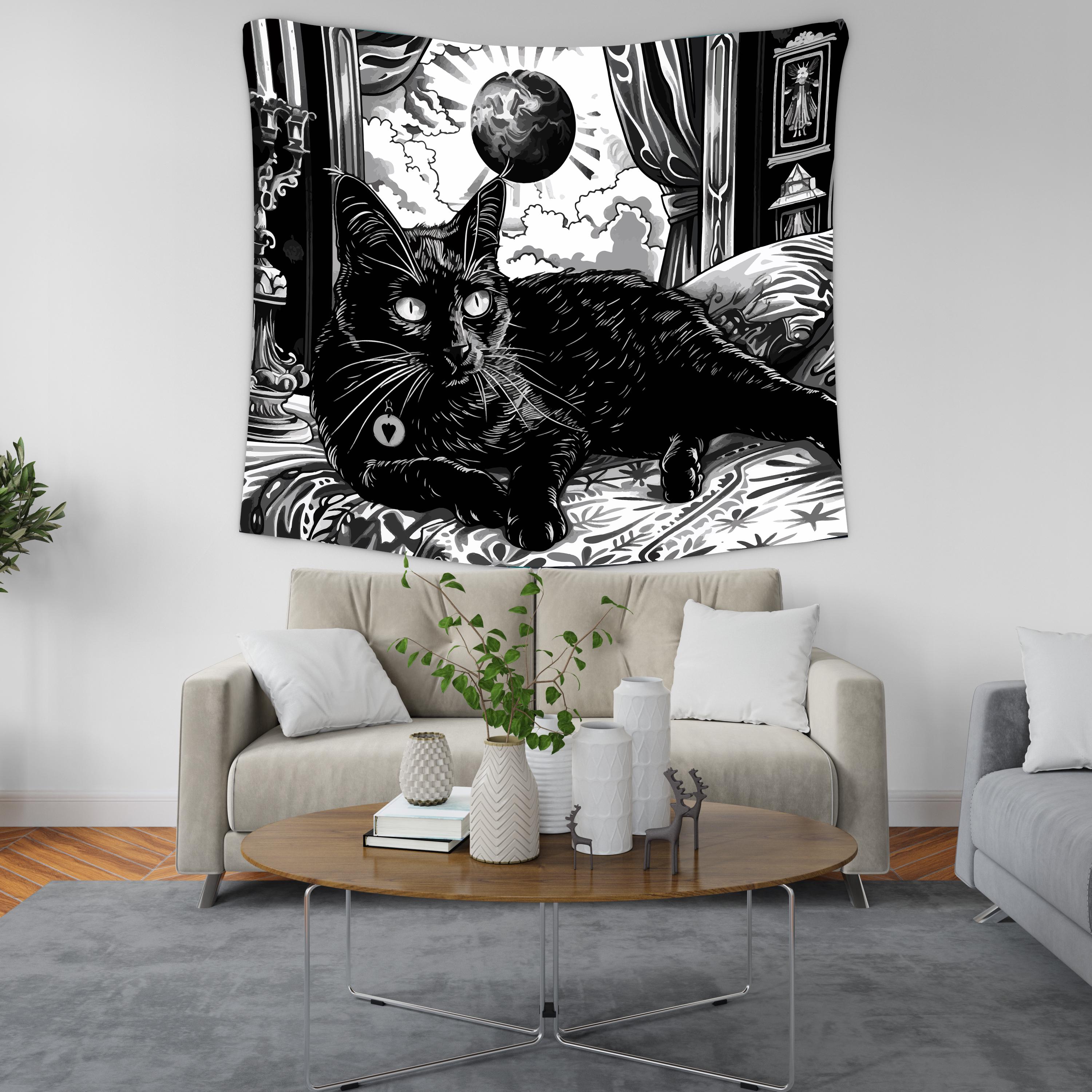 Black Cat Tapestry, Gothic Cat Wall Hanging, Dark Themed Mystic Cat ...