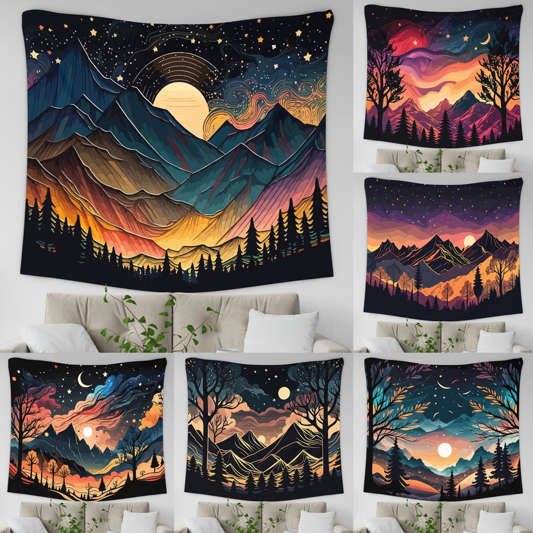 Starry Night Sky Tapestry Decor, Abstract Mountain Wall Hanging, Sunset ...