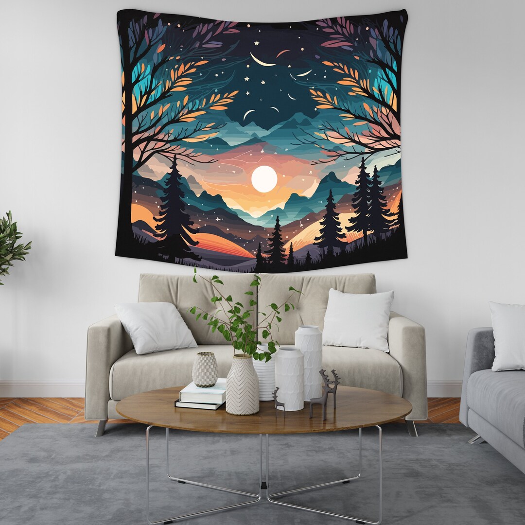Starry Night Sunset Tapestry, Nature Landscape Wall Hanging, Abstract ...