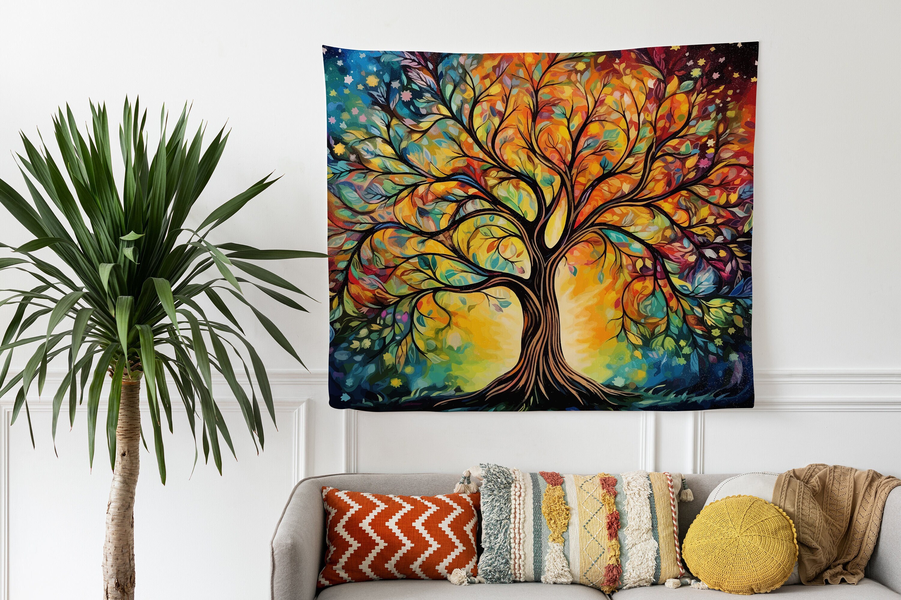 Tree of Life Wall Tapestry, Fabric Wall Hanging Colorful Art, Aesthetic ...