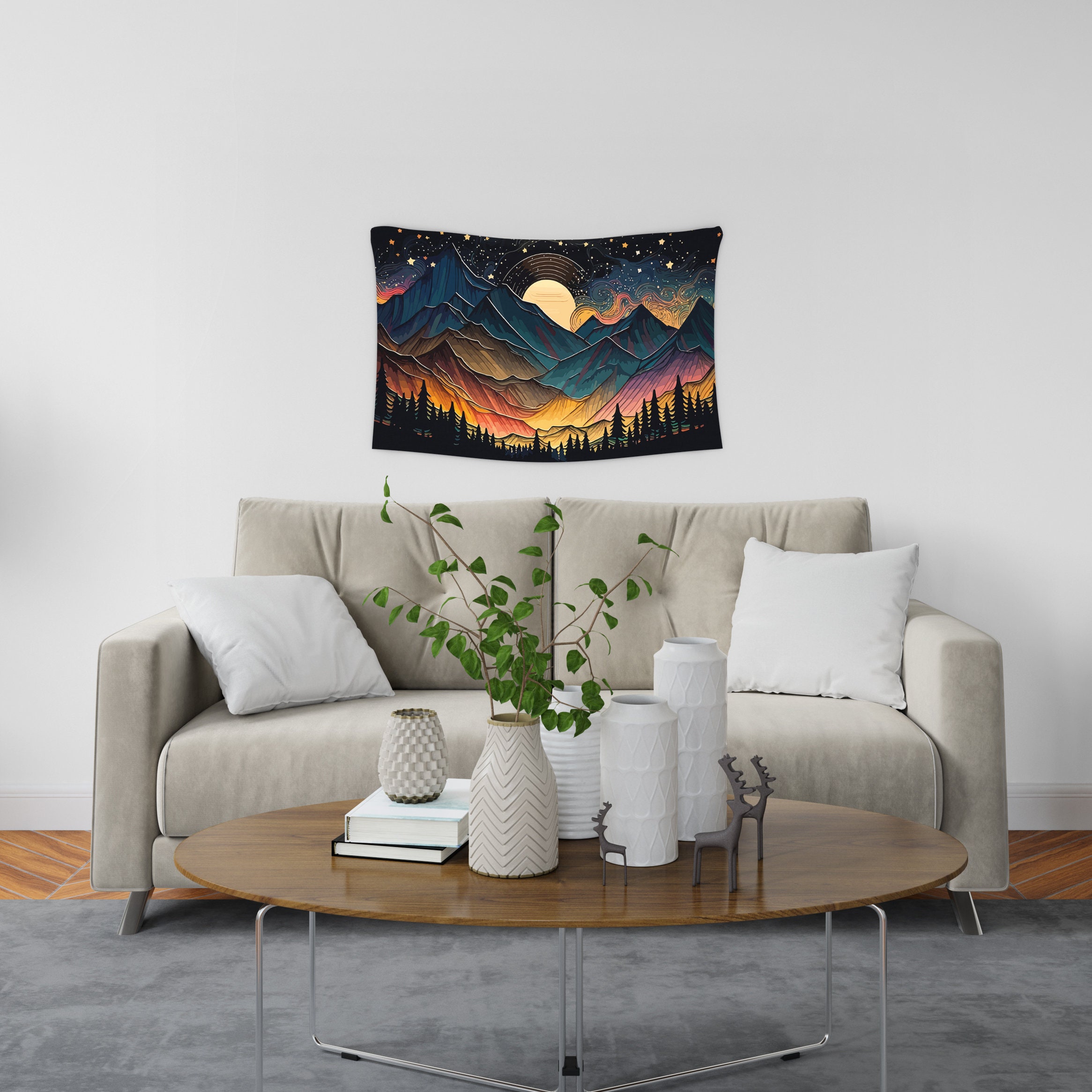 Starry Night Sky Tapestry, Abstract Mountain Wall Hanging, Nature ...