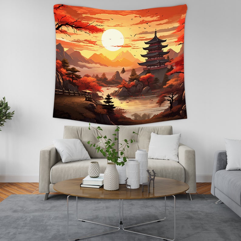 Japanese Art Landscape Tapestry, Nature Tapestry Wall Hanging, Sunset ...