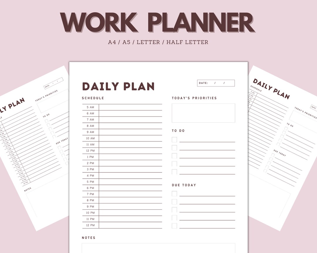 Printable Work Planner, Daily Planner, Printable, Digital Download, Use ...