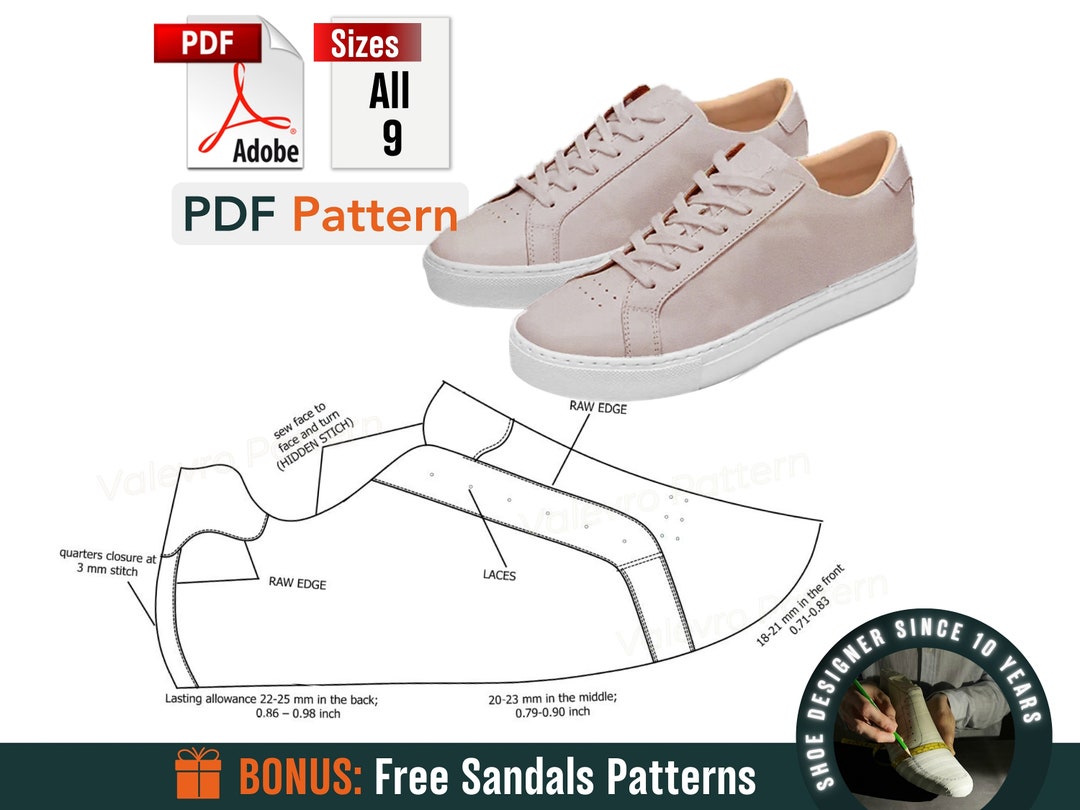 Patterns Sneakers PDF - Women Sneaker Shoes - All 9 Size Pattern - PDF ...