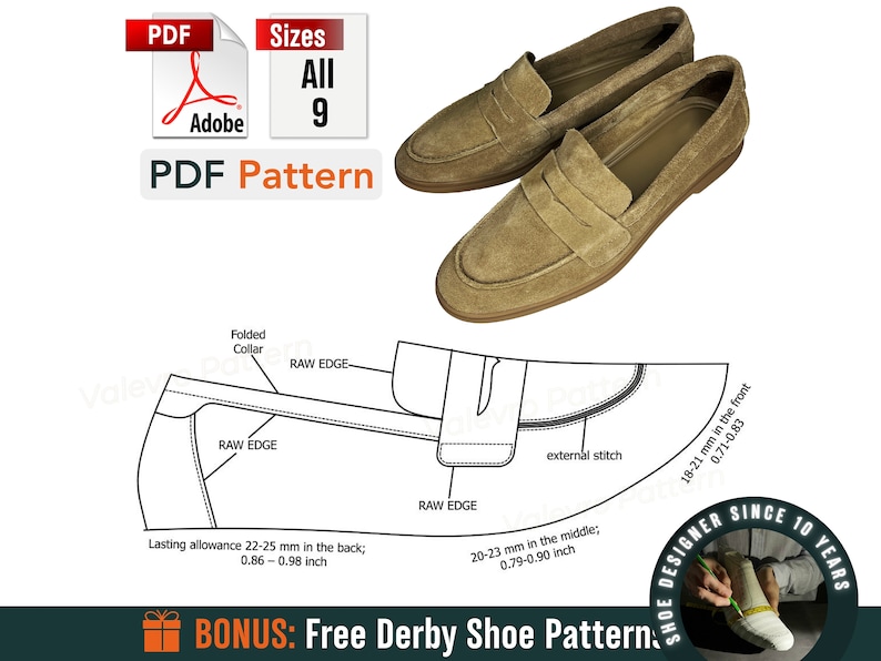 Digital Pattern Loafer PDF - Men's Loafers - All 9 Sizes Pattern - PDF ...