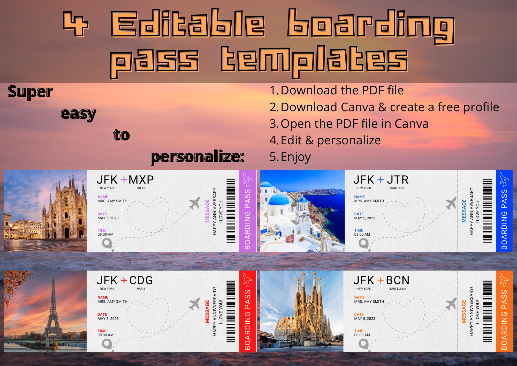 4 Editable Boarding Pass Templates, Gift Ticket, Printable Ticket ...