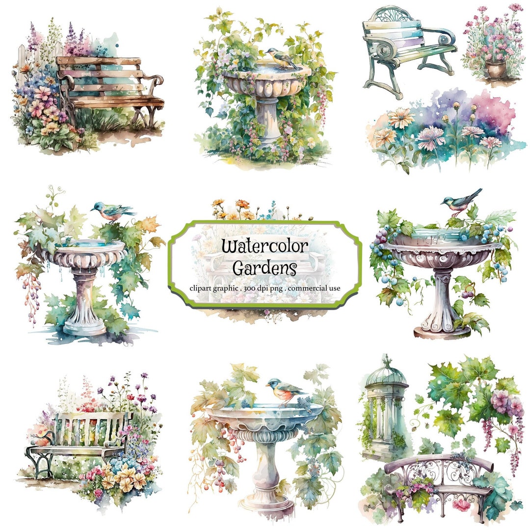 50 Watercolor Garden Clipart, Mix of Fountains. Benches, Fences ...