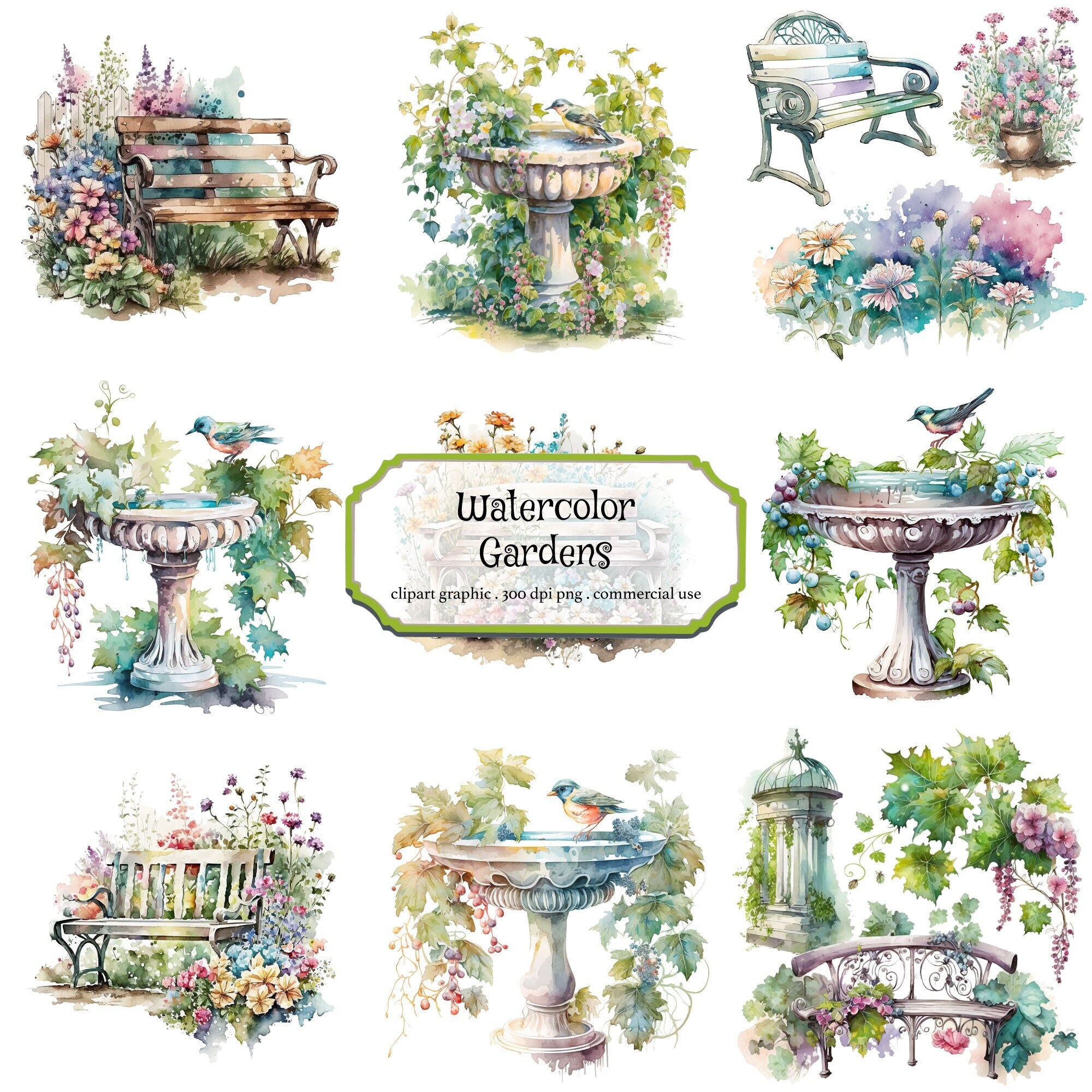 50 Watercolor Garden Clipart, Mix of Fountains. Benches, Fences ...