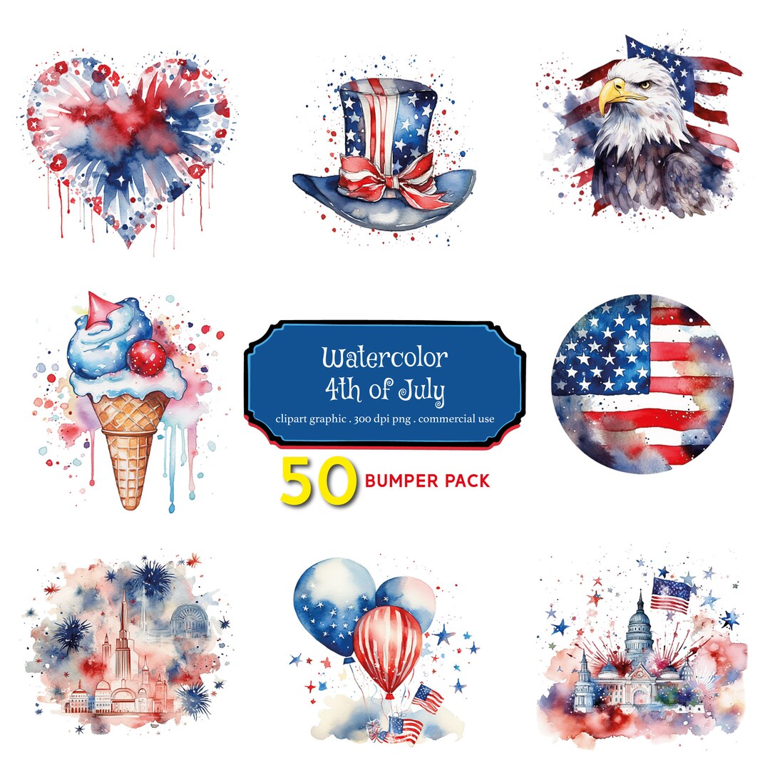Watercolor Fourth of July Clipart, Bumper Pack of 50 Eye-catching ...