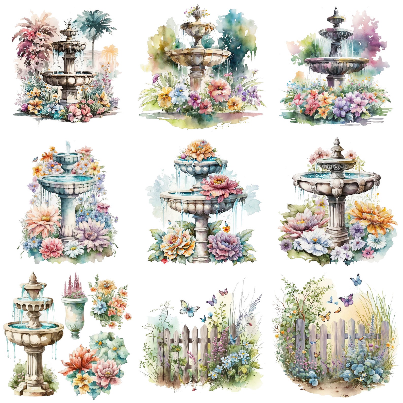 50 Watercolor Garden Clipart, Mix of Fountains. Benches, Fences ...