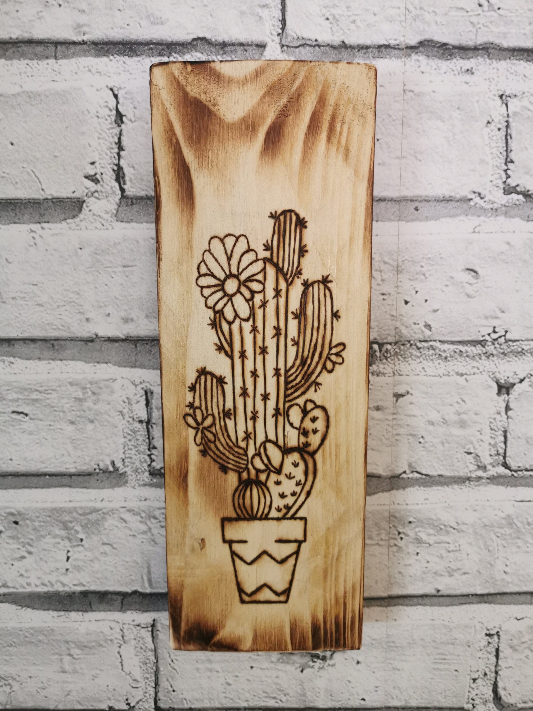 Handmade Gift, Pyrography Wall Art, Cactus Art, Flowers, Handmade Wall ...