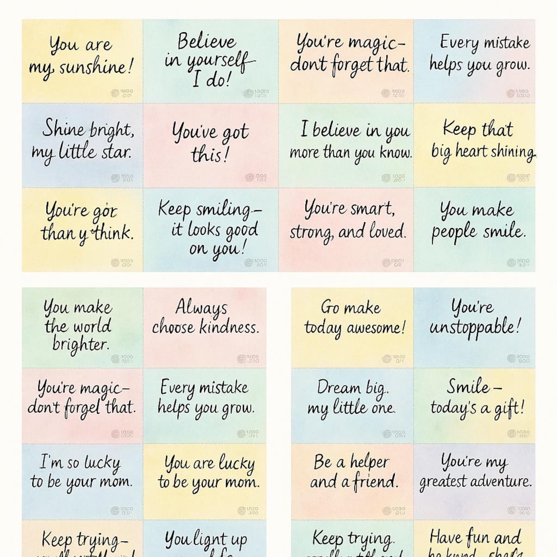 Kids Lunchbox Notes – 36 Watercolor Encouragement Cards (printable PDF ...