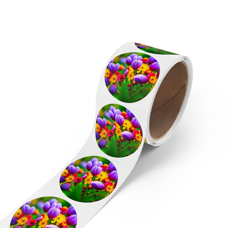 Blooms in Every Roll: Round Sticker Label Rolls With Colorful Floral ...