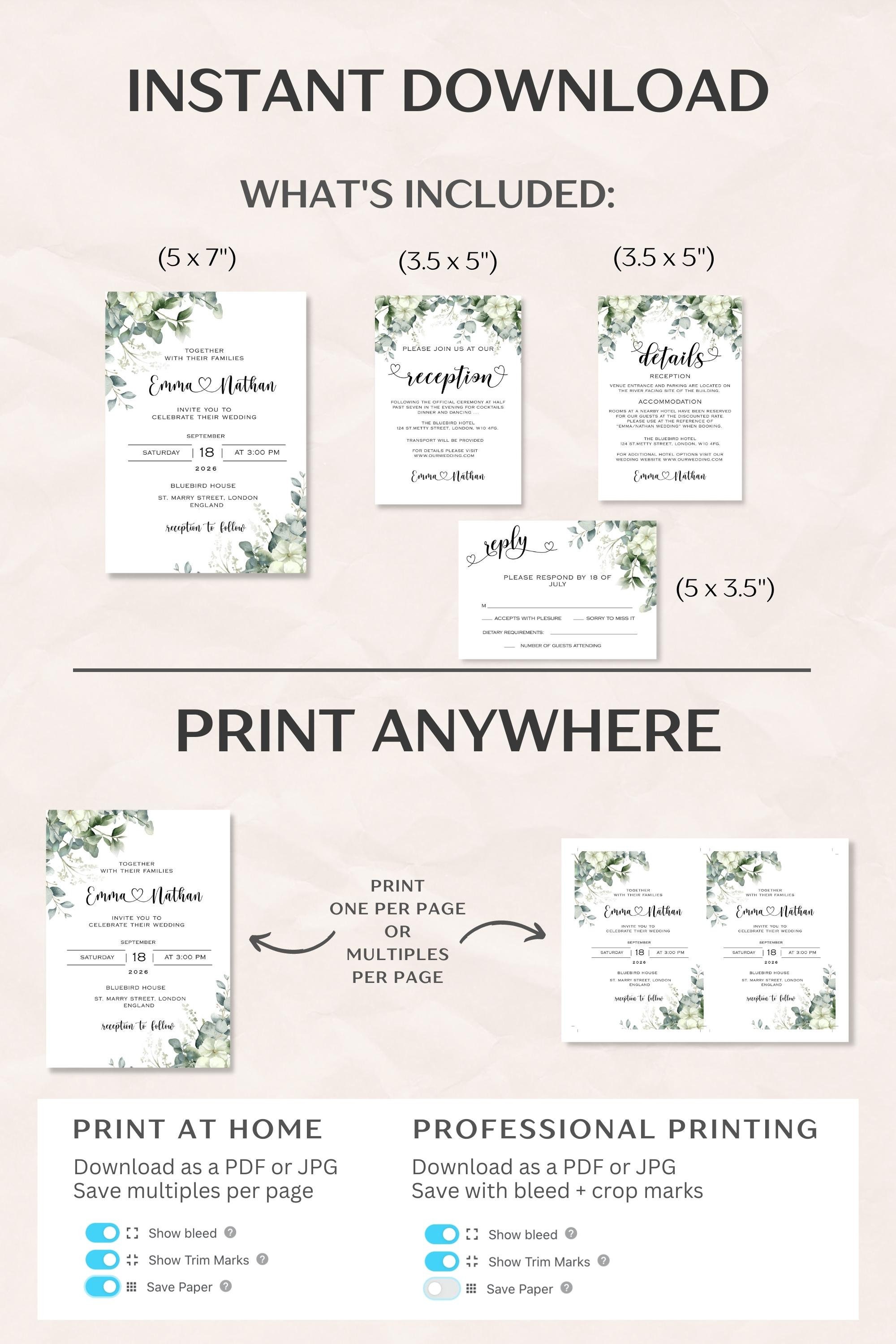 Greenery Wedding Invitation Template, Eucalyptus Wedding Invite, Green ...