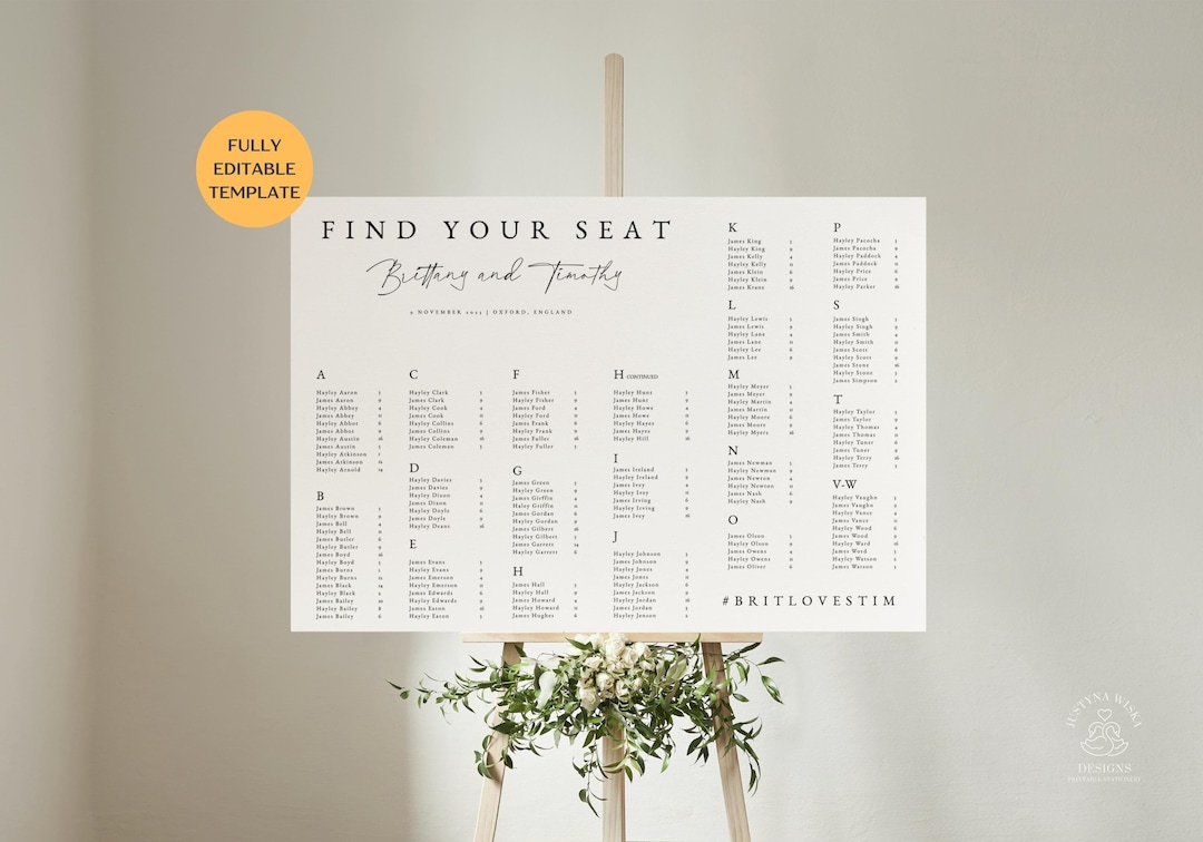 Alphabetical Seating Chart Template, Elegant Wedding Seating Plan ...