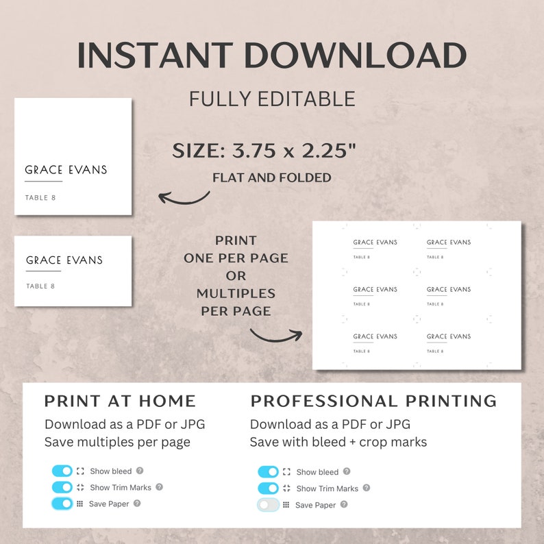 Modern Wedding Place Cards, Printable Place Card Templates, Minimal ...