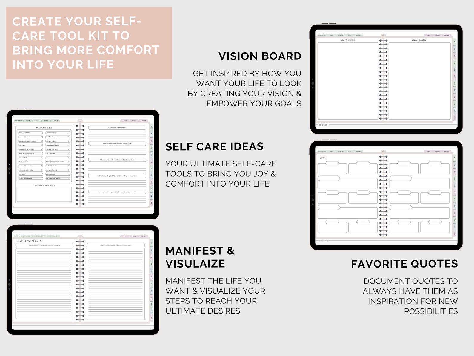 Digital Self Care Planner for iPad Tablet, Undated Self Care Journal ...
