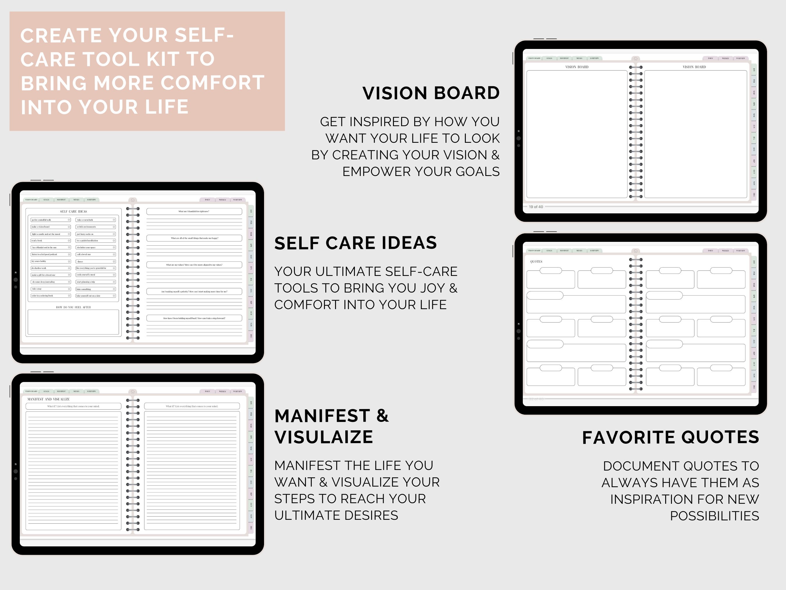 Digital Self Care Planner for iPad Tablet, Undated Self Care Journal ...