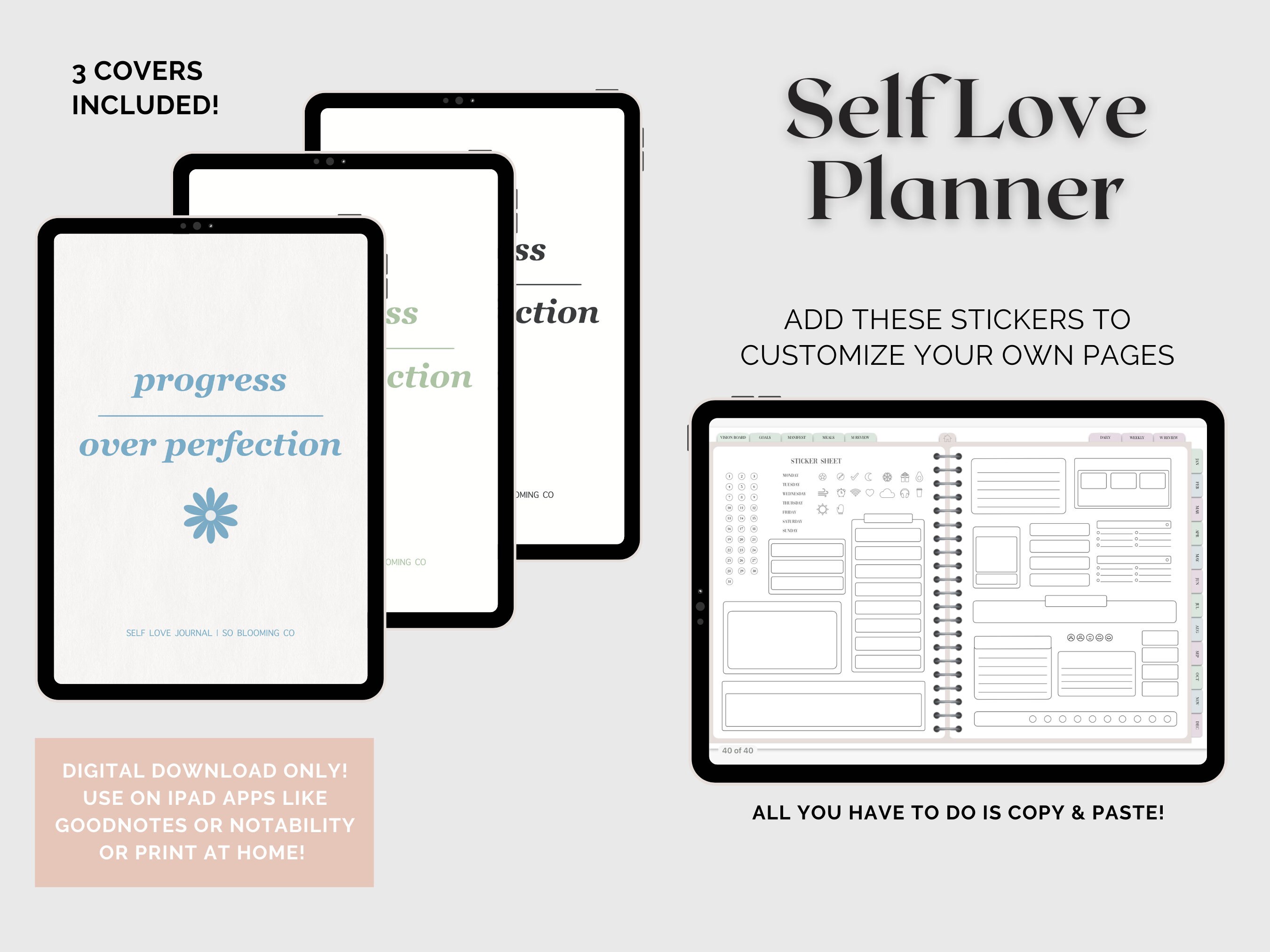 Digital Self Care Planner for iPad Tablet, Undated Self Care Journal ...
