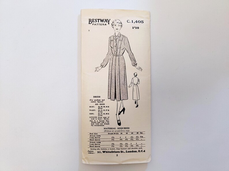 Bestway C 1,405 50s Vintage Sewing Pattern for Women's Dress Bust 38 ...
