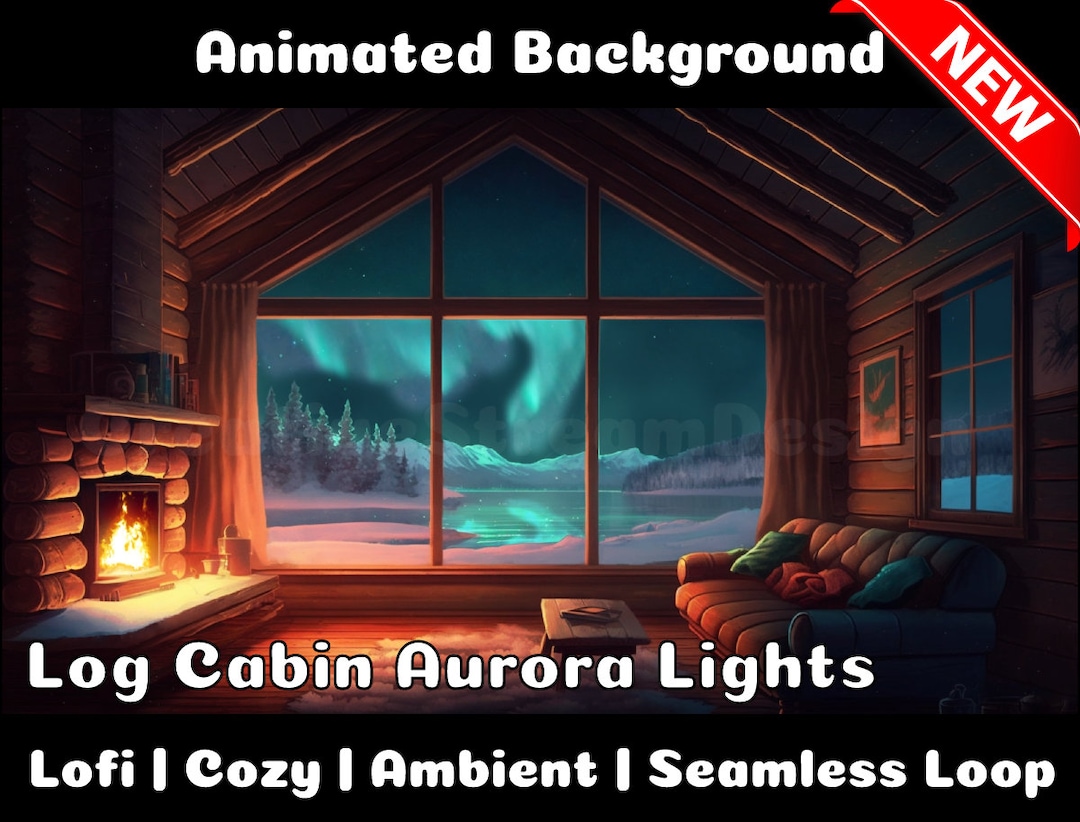ANIMATED BACKGROUND | Log Cabin Room With Fireplace and Northern Lights ...
