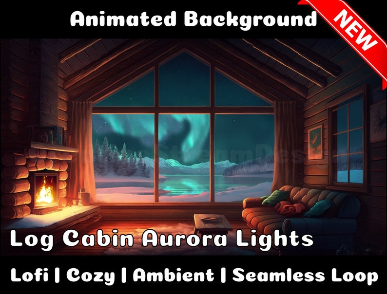 ANIMATED BACKGROUND | Log Cabin Room With Fireplace and Northern Lights ...