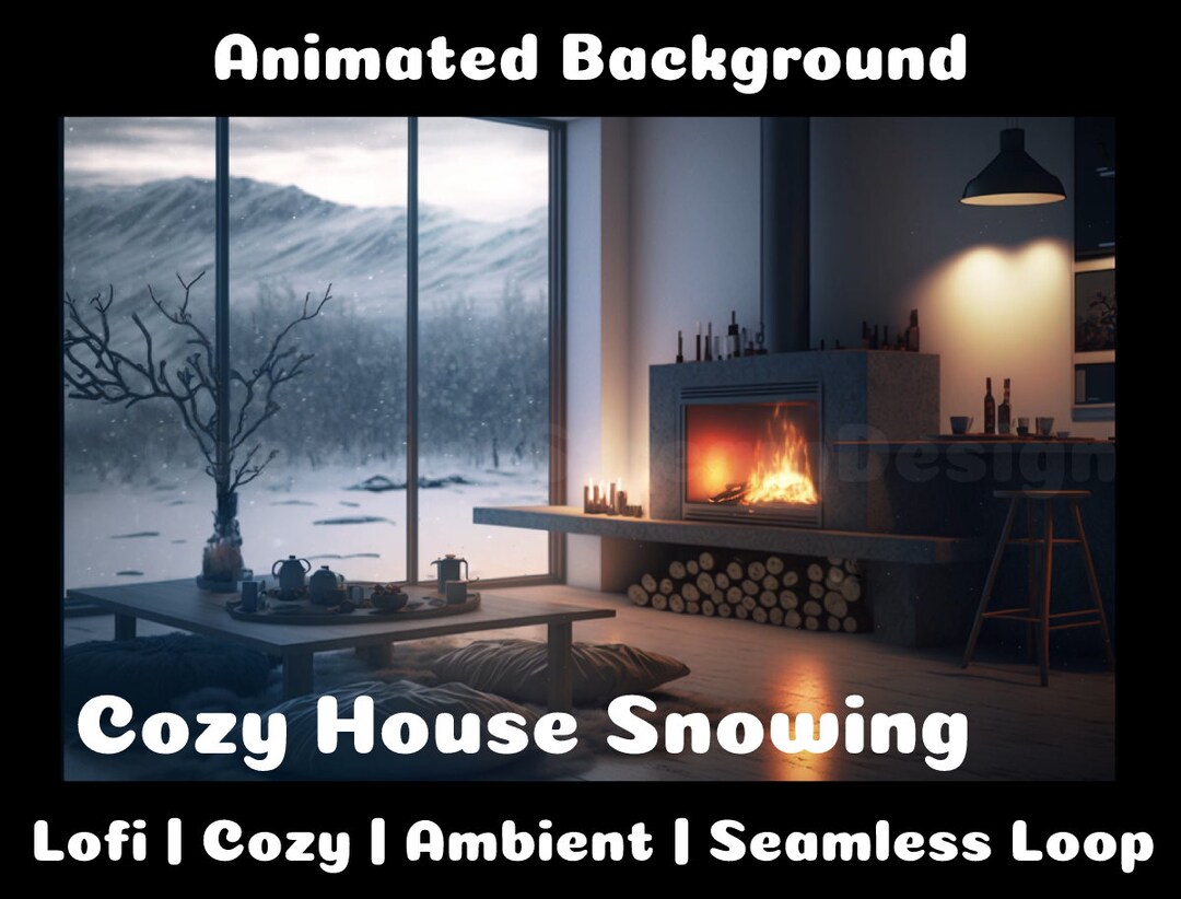 ANIMATED BACKGROUND Cozy House Snowing and Fireside Lofi Warm Ambience ...